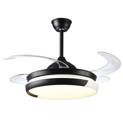 China Modern remote control hotel bedroom Big lampshade dimmable LED light ceiling fan with retractable blades for sale