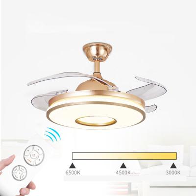 China Contemporary Invisible Gold Ceiling Fan Lamps LED with 4 Retractable Acrylic Blades Lighting Groups Ceiling Light Fan for sale