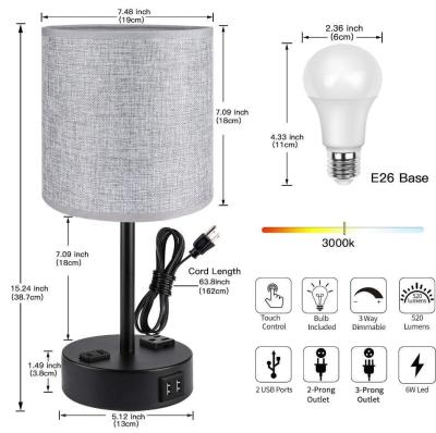 China New Hotel Nordic design Usb Table Lamp Bedside Lamps With 2 Usb Charging Ports For Bedroom With Two Fabric Shades for sale