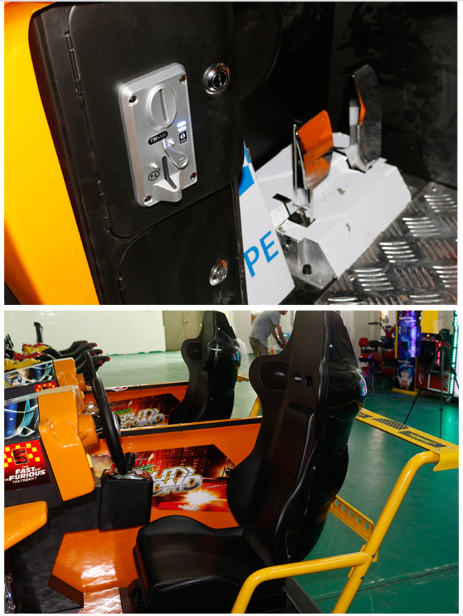 Side view of coin-operated racing game cabinet