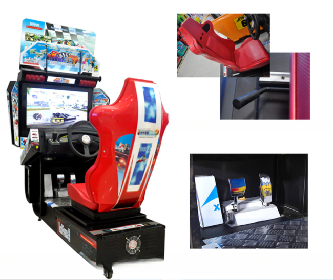 Side profile view of arcade racing machine showing dimensions