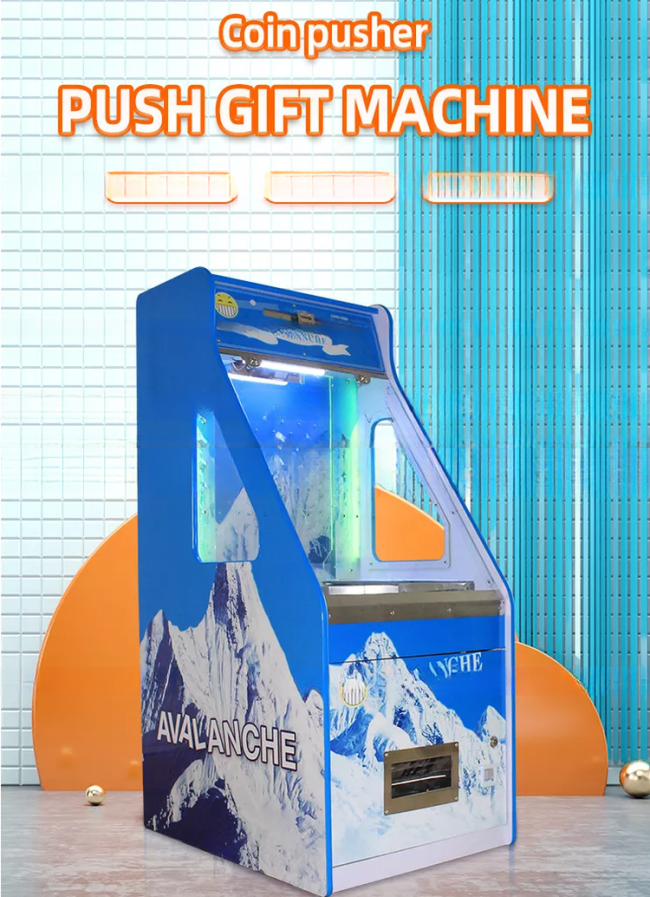 Front view of coin pusher arcade machine