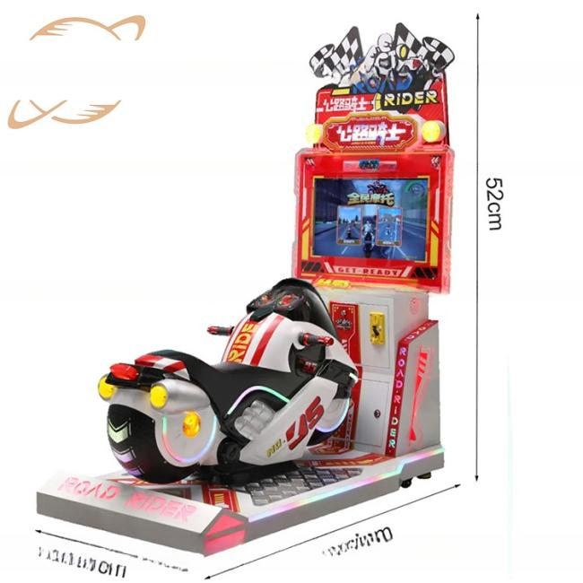 Player using the Road Rider arcade machine
