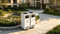 China Sensor Lid Solar Powered Trash Compactor Customizable Smart Waste Bin Double Bin for sale