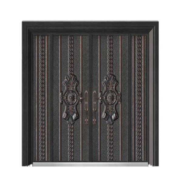 Quality China Suppliers Luxury Front Security Exterior Doors Deep Embossing Double Leaf Panel Entry Front Steel Door for House with Smart Lock for sale