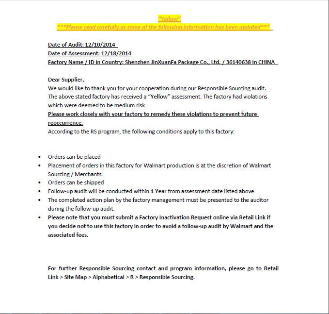 Wal-mart Factory Audit - Shenzhen JinXuanFa Package Co.,Ltd