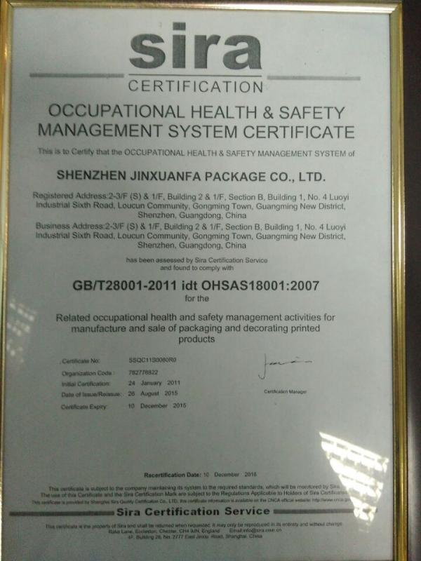 OHSAS18001 - Shenzhen JinXuanFa Package Co.,Ltd