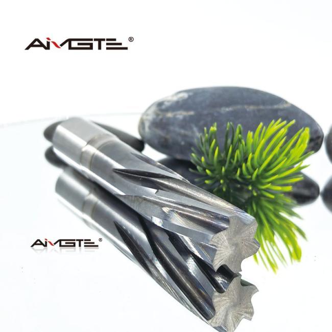 6-flute left-hand spiral carbide reamer close-up view