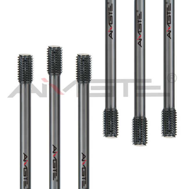 Close-up of AlTiN coated solid carbide tap showing flute design and coating