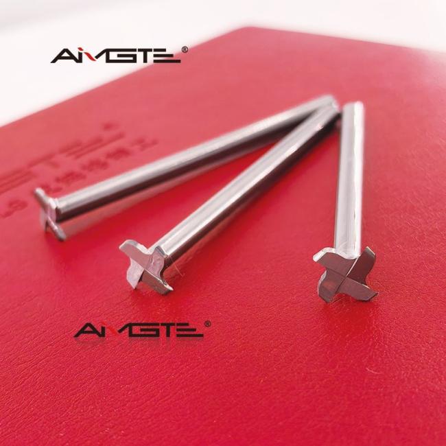 Close-up of 4-flute T-slot cutter showing carbide construction and sharp cutting edges