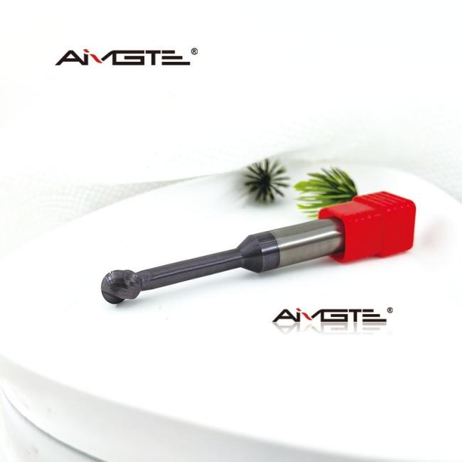 Close-up of 2 flute solid carbide ball nose end mill showing precision cutting edges