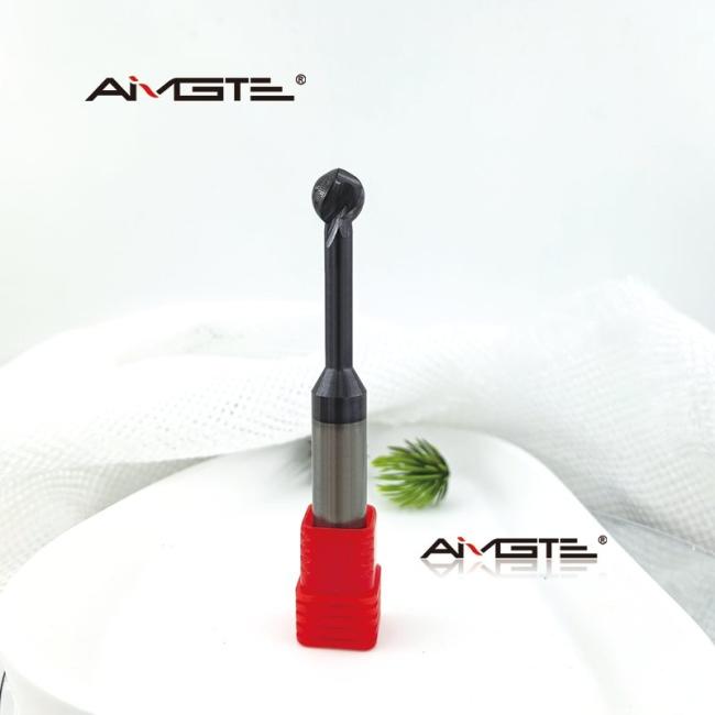 Side view of ball nose end mill displaying flute geometry and coating