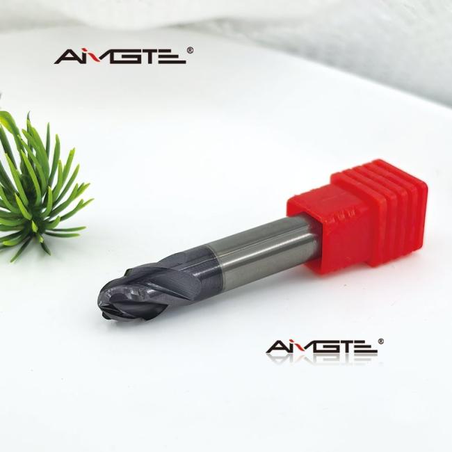 Detailed view of carbide stepped ball end mill flute geometry