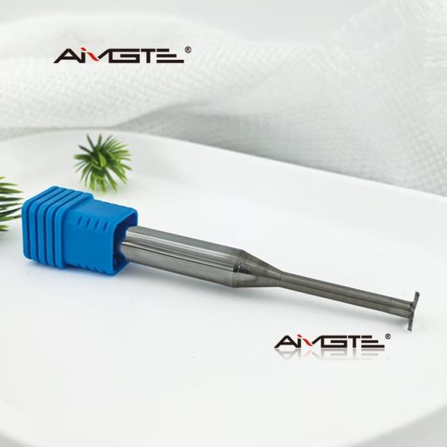 Close-up view of tungsten carbide 3 flute T slot end mill showing cutting edges