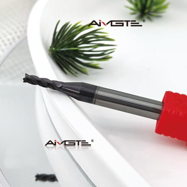 Close-up of 3mm 4-flute carbide end mill showing cutting edges and TiAlN coating
