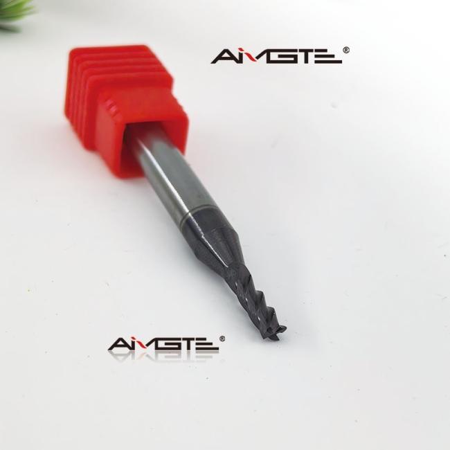 Side view of 3mm carbide end mill displaying flute geometry and shank