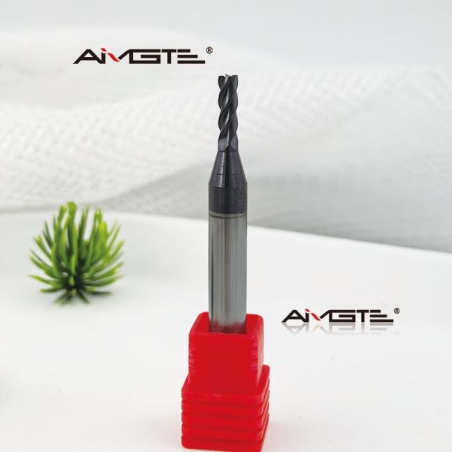 Detailed view of carbide end mill tip showing precision grinding