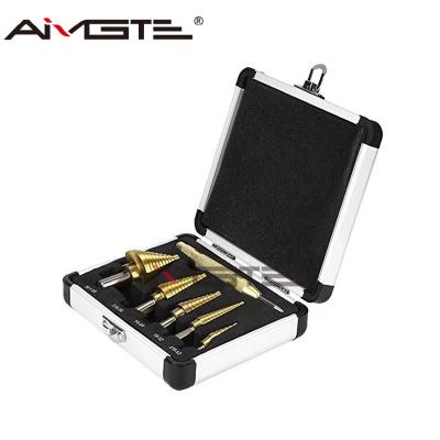 China 5PCS HSS Titanium Coated Step Drill Bits High-Speed Steel Drilling Set Automatic Center Punch Multiple Sizes for Metal and Wood for sale