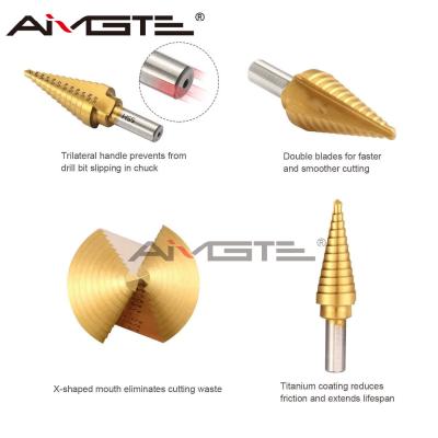 China 5PCS HSS Titanium Coated Step Drill Bits High-Speed Steel Drilling Set Automatic Center Punch Multiple Sizes for Metal and Wood for sale