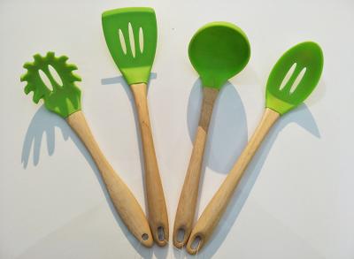 China hot sale silicone kitchen Utensils cooking tools with wood bamboo handle Nonstick Cookware for sale