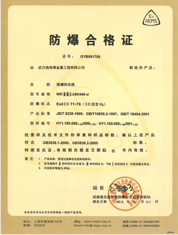 CERTIFICATE OF EXPLOSION PROTECTION - Wuhan Global Metal Engineering Co., Ltd