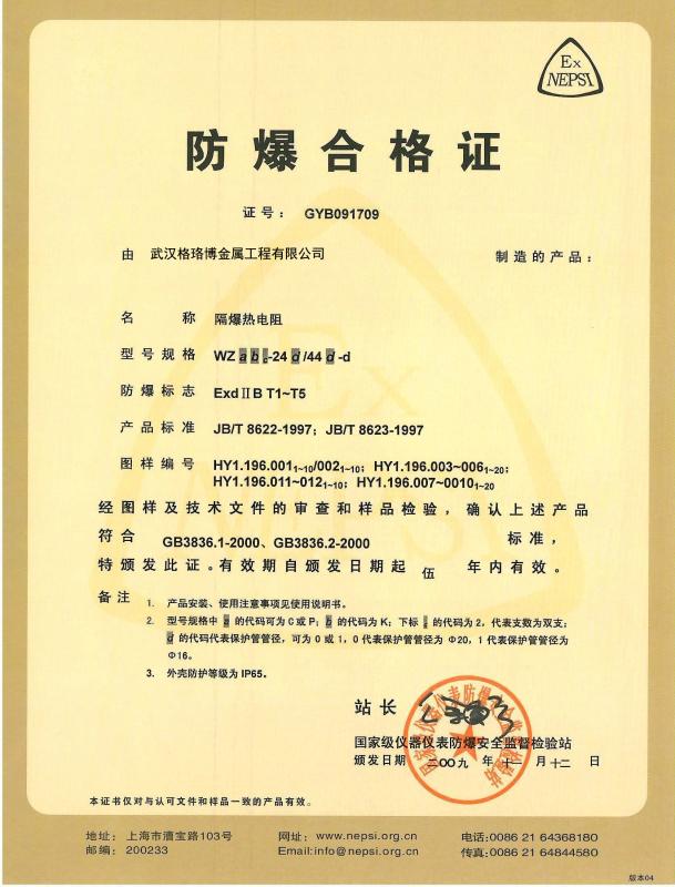 CERTIFICATE OF EXPLOSION PROTECTION - Wuhan Global Metal Engineering Co., Ltd