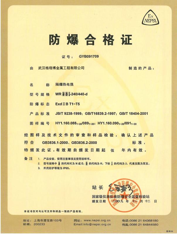 CERTIFICATE OF EXPLOSION PROTECTION - Wuhan Global Metal Engineering Co., Ltd