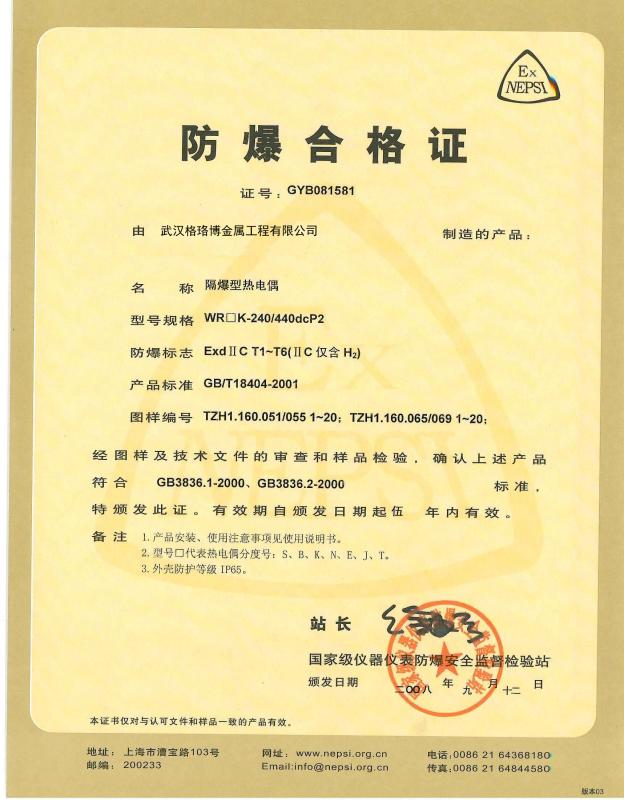 CERTIFICATE OF EXPLOSION PROTECTION - Wuhan Global Metal Engineering Co., Ltd