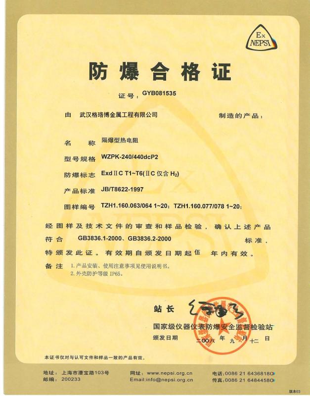 CERTIFICATE OF EXPLOSION PROTECTION - Wuhan Global Metal Engineering Co., Ltd