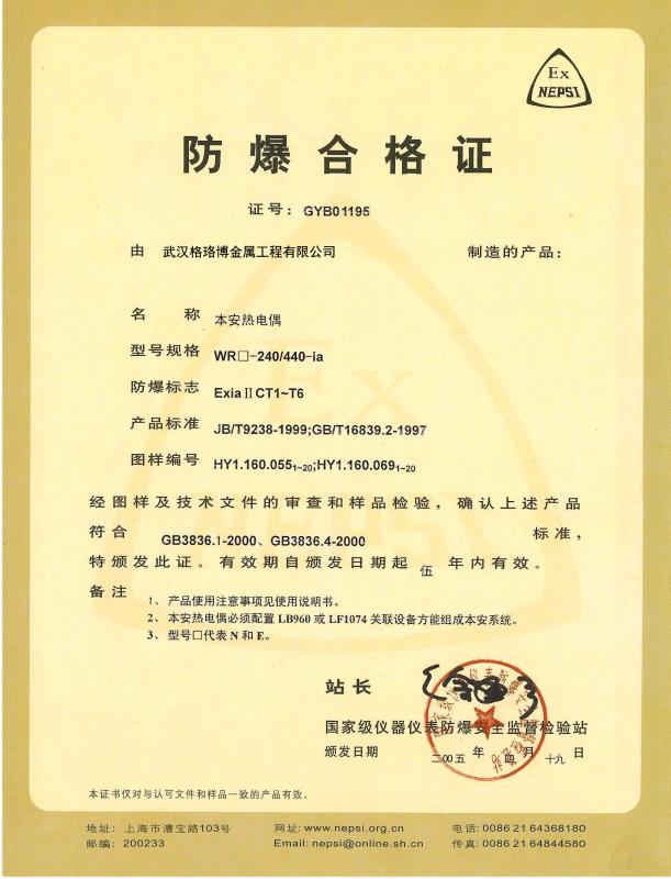 CERTIFICATE OF EXPLOSION PROTECTION - Wuhan Global Metal Engineering Co., Ltd