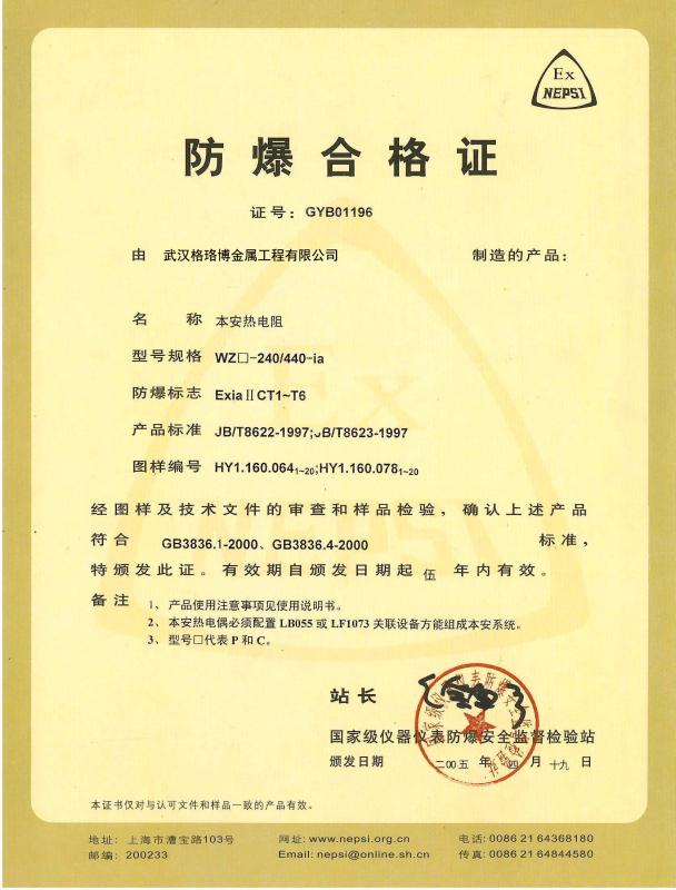 CERTIFICATE OF EXPLOSION PROTECTION - Wuhan Global Metal Engineering Co., Ltd