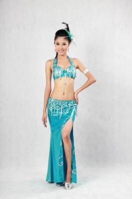 Cina Reggiseni & gonna graziosi blu-chiaro del collo della capezza per i vestiti di danza del ventre di prestazione in vendita