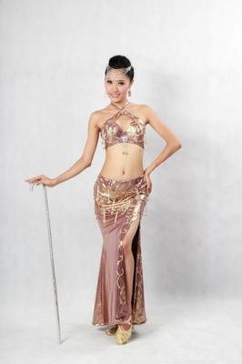 Cina Reggiseni & gonna metallici di lunghezza del pavimento di Brown del collo sexy della capezza per i vestiti di danza del ventre delle donne in vendita