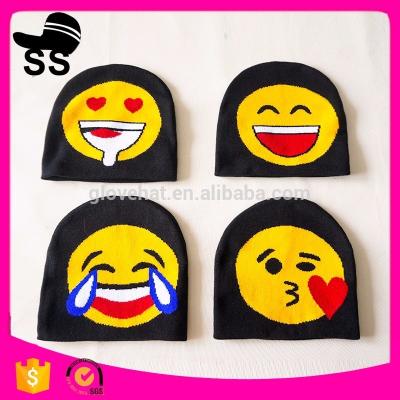 China 18*22cm 26g 100%polyester 2017 New Style beanie winter warm material smiling face knitting hats for sale