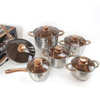 Cina Le pentole 12pcs di cottura domestica hanno messo le pentole dorate Pan Set Cooking Pot Set di acciaio inossidabile dei vasi della cucina della maniglia in vendita