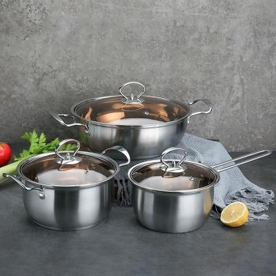 Cina Le pentole multiuso di acciaio inossidabile del vaso della minestra del latte del fondo piatto 6Pcs del venditore più importante di Amazon mettono con il coperchio di vetro in vendita