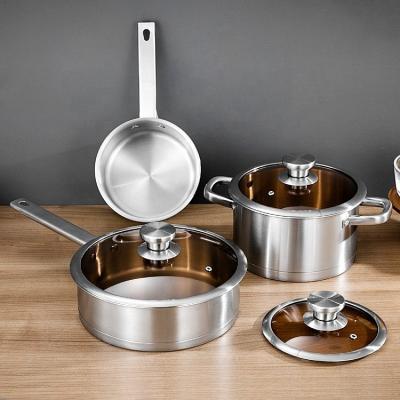 China Grupos de aço inoxidável do Cookware da tampa de vidro 430 dos PCes do Cookware 6 da cozinha do sucesso de vendas das Amazonas com punho à venda
