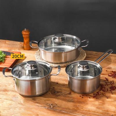China O Cookware da cozinha de OEM/ODM que cozinha o potenciômetro da sopa ajustou o Cookware de aço inoxidável de Ollas ajusta-se com tampa de vidro à venda