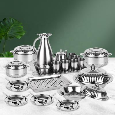 China O Cookware diferente da parte do sucesso de vendas das Amazonas ajustou potenciômetros feitos sob encomenda e as bandejas vendem por atacado o grupo de cozimento de aço inoxidável do potenciômetro 28pcs à venda