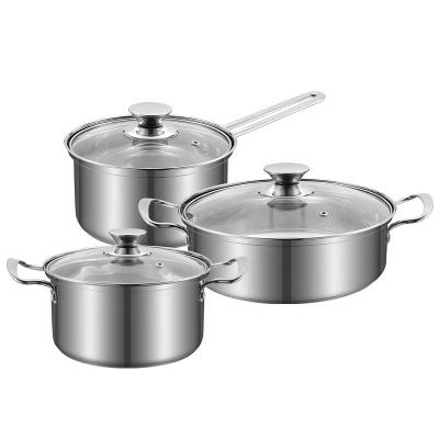 China O potenciômetro de cozimento de prata do potenciômetro do Cookware dos PCes da boa qualidade 3 ajustou potenciômetros de aço inoxidável e as bandejas ajustaram grupos do Cookware à venda