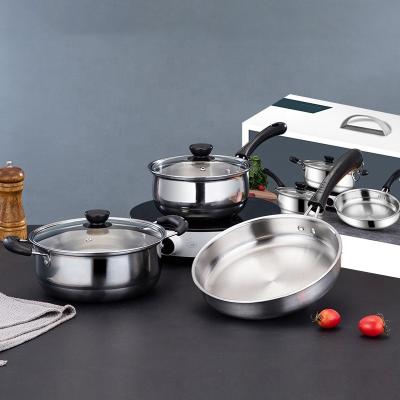 中国 安い価格の調理器具は銀製の鍋がステンレス鋼の調理器具を置いた鍋および鍋を調理する5pcsを置いた誘導を置いた 販売のため