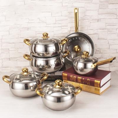 中国 ベスト セラーのステンレス鋼の調理器具は金ハンドルによって置かれた鍋を調理する12pcs二重層を置いた 販売のため