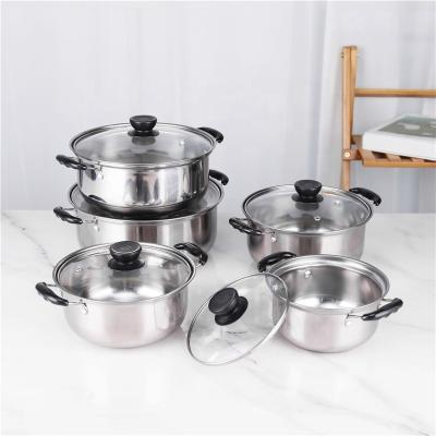 China De potten vastgesteld roestvrij staal 410 van het glasdeksel 5pcs cookwarereeks Te koop