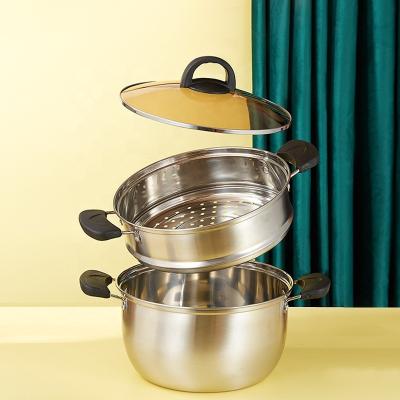 中国 工場価格の銀ガラスふたが付いている鍋2つの層のステンレス鋼Saucepotの食糧汽船の鍋スープ 販売のため