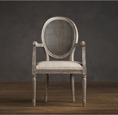 China Fully upholstered Linen Fabric Dining Chair with Round Cane Back Arm for hotel for sale