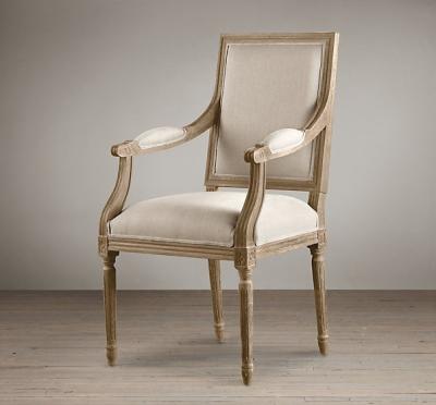 China Europe style fashion french upholstered armrest Fabric Dining Chair with wooden legs for sale
