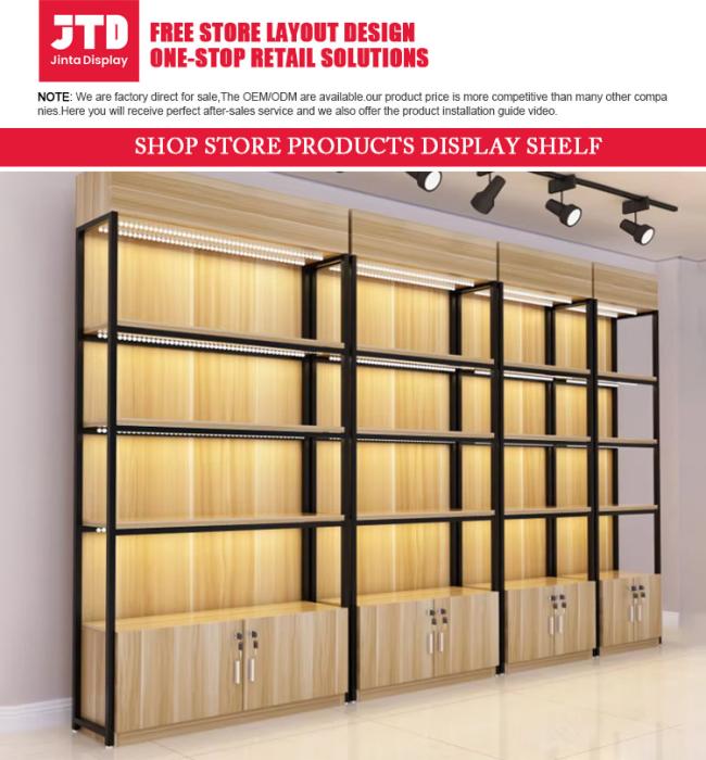 Wooden and metal supermarket shelf display