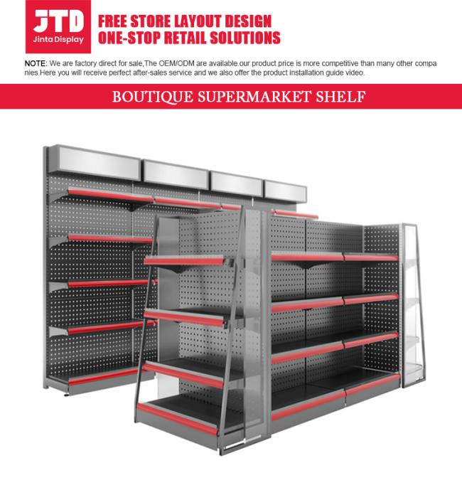 Metal supermarket shelving unit with multiple layers