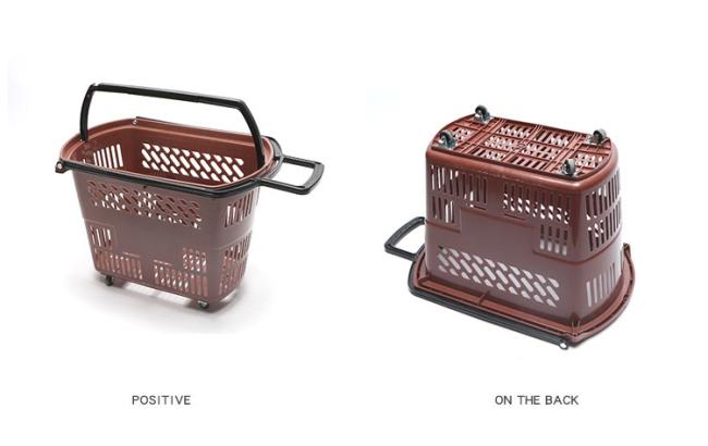 Plastic shopping basket with foldable handle in retail setting