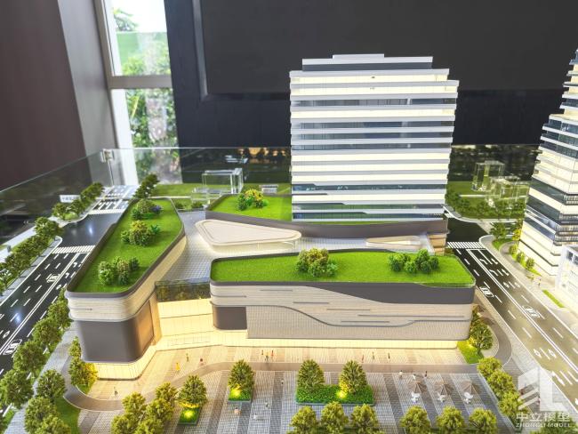 Aerial perspective of urban planning model showing complete layout